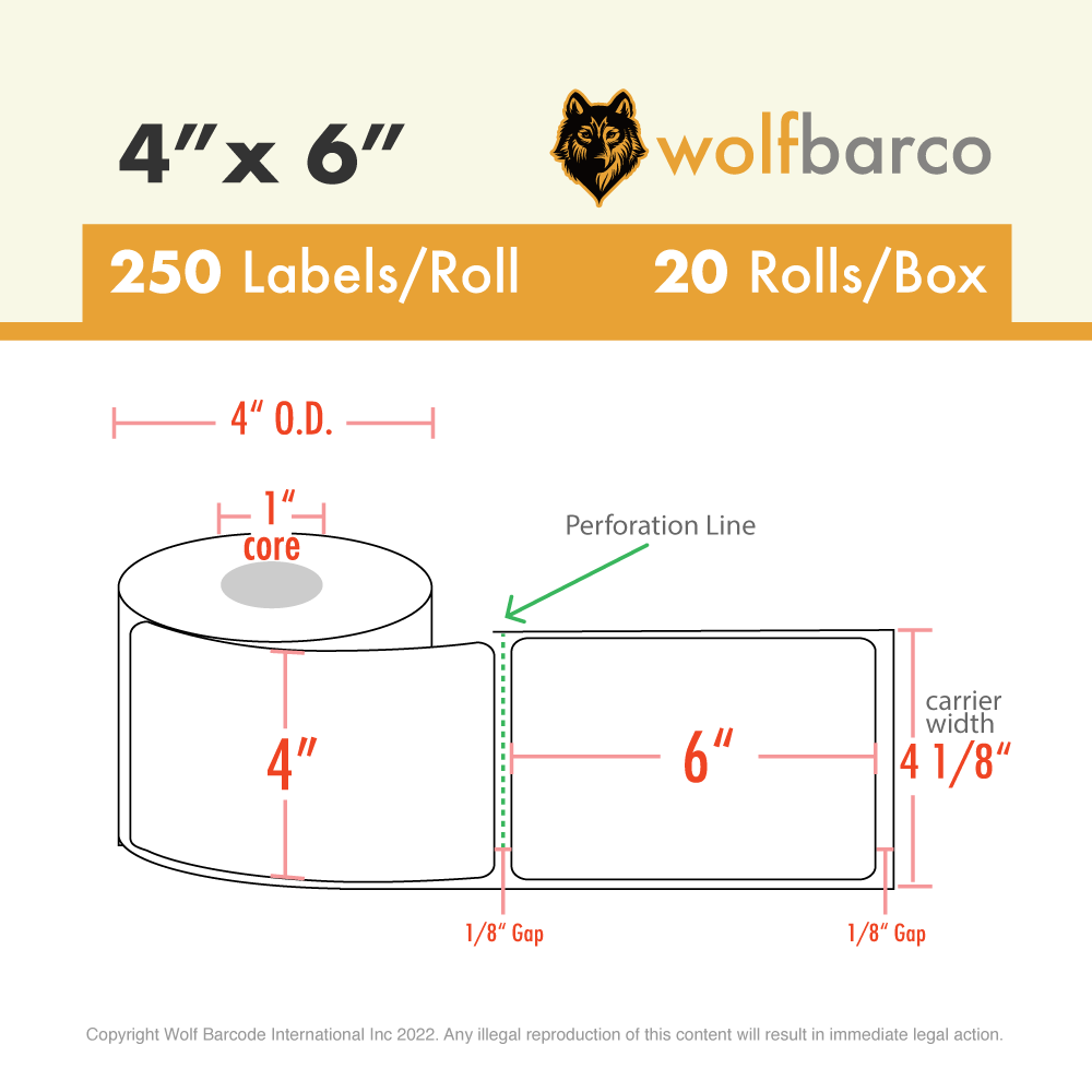4" x 6" Thermal Transfer Label White, 1" core, 4" O.D. with perforation ...