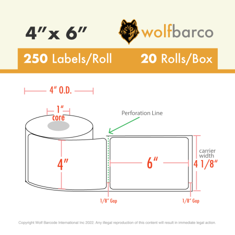 Direct Thermal Label, Blue (PMS: 2915C), 4" x 6", with Perf, 1"Core, 4 ...